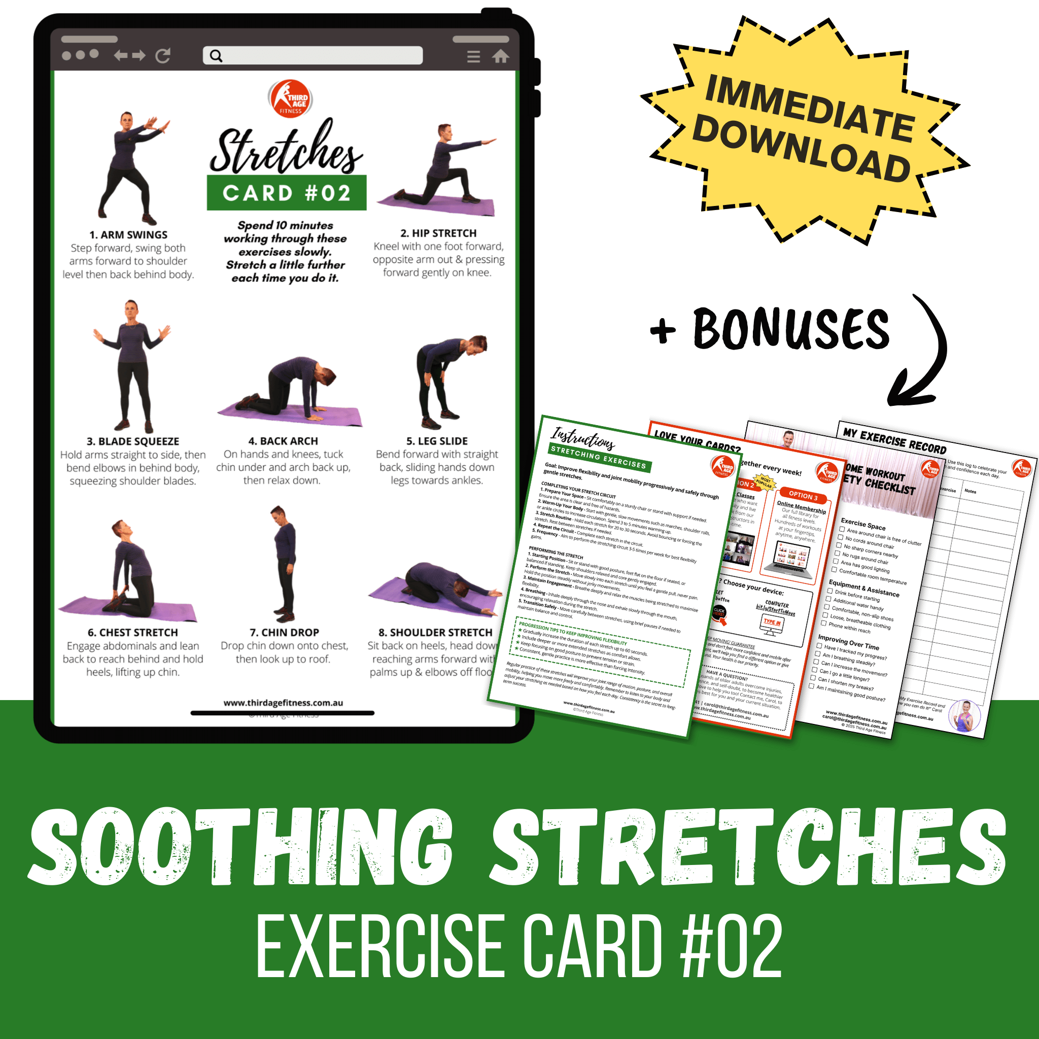 Soothing Stretches Exercise Card #02 - Home exercises for seniors and ...